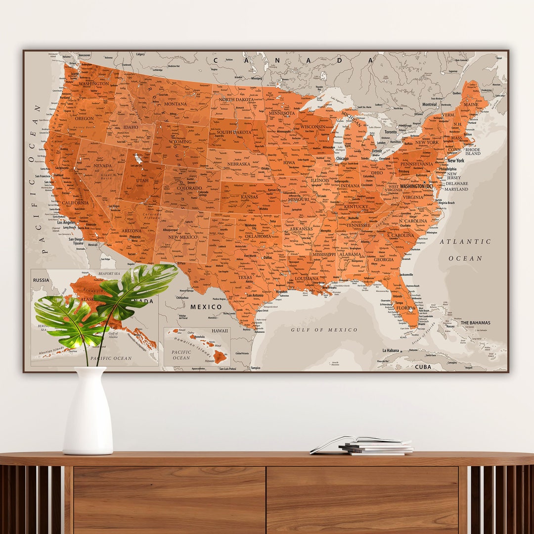 Digital USA Map - Detailed Terracotta United States Map | Styled High ...
