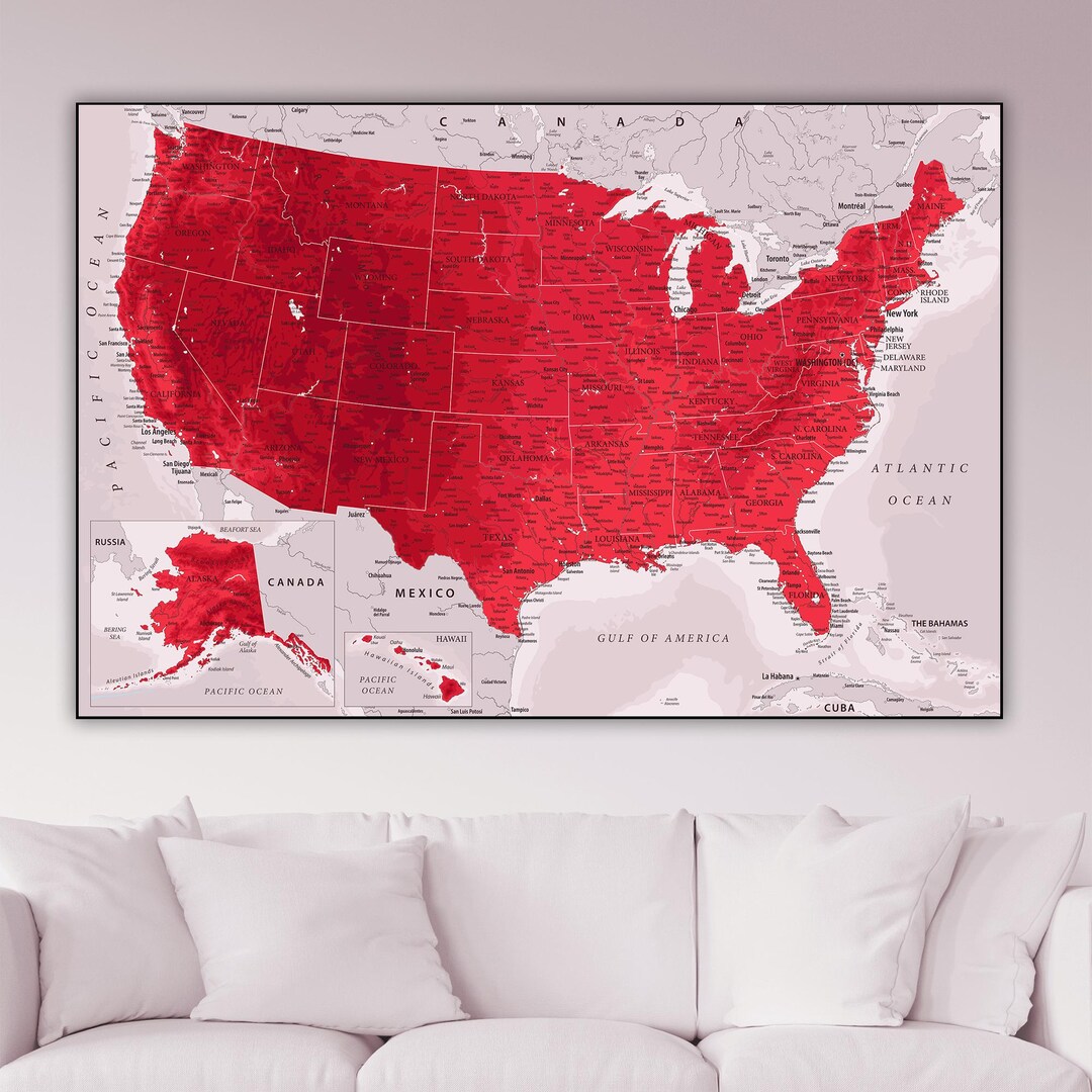 Red USA Map Art Print - Detailed United States Map, Red Wine Wall Decor ...
