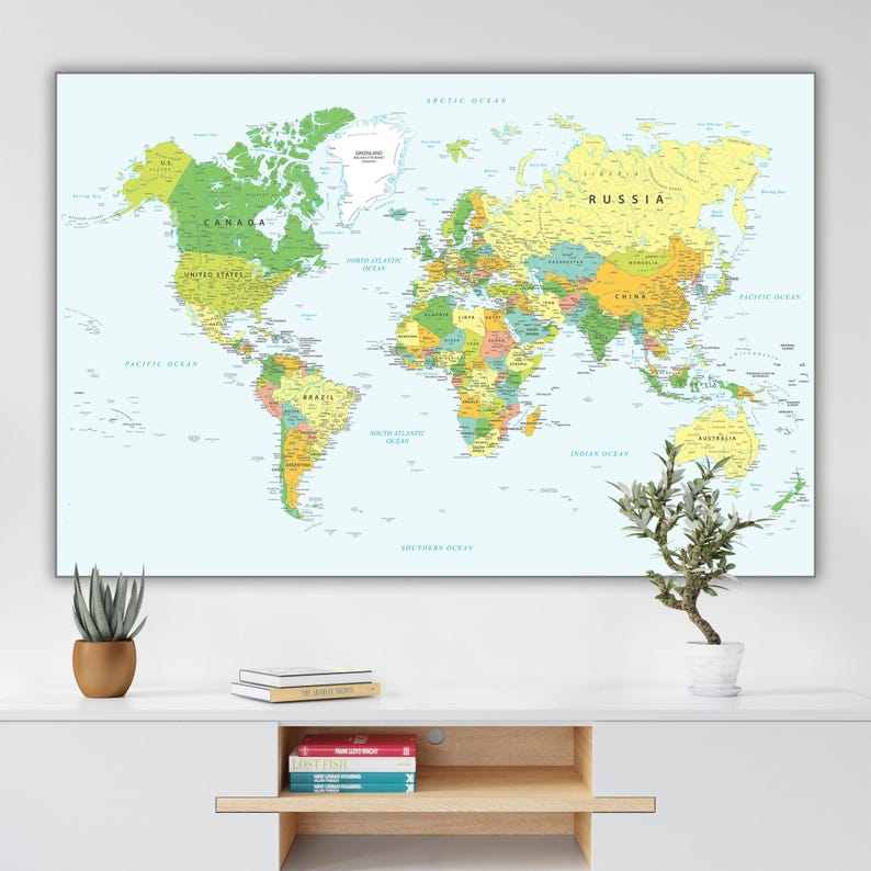 Digital World Map Poster With Countries Wall Art Decor Map, Detailed ...