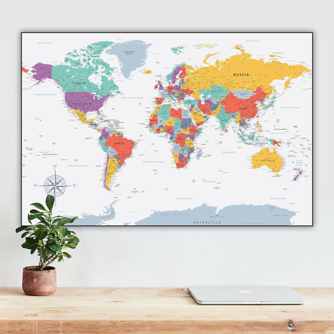 World Map Digital Poster - Large Wall Travel Map Print, Detailed ...