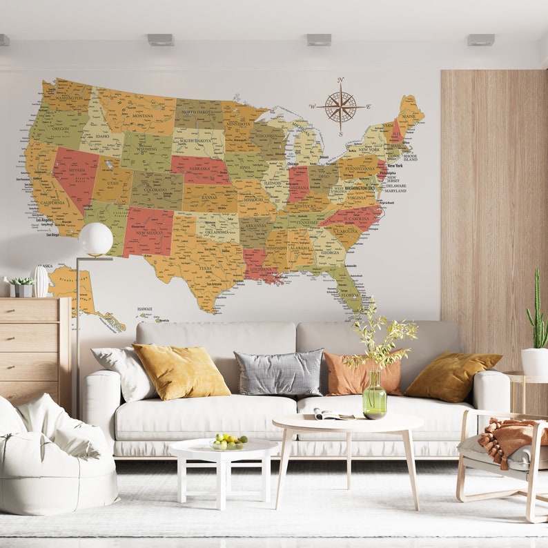 United States Map Digital Download Poster - Warm Tones Detailed Map of ...