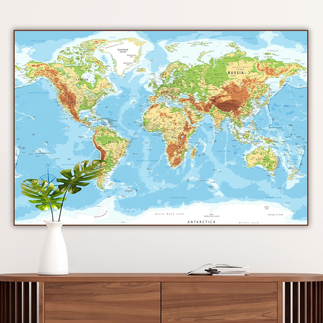 Detailed Physical World Map Printable Poster Digital World Map With ...