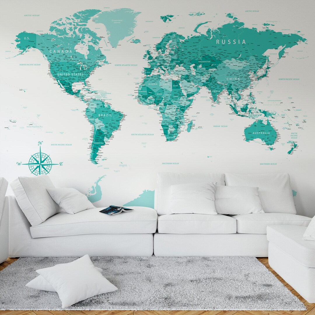Blue Green World Map Printable. Wall Art, Kids Room, Travel Art, Wall ...