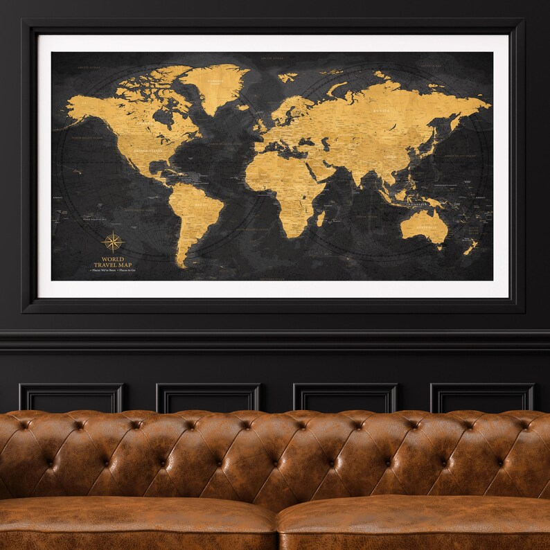 Vintage Black Gold Push Pin World Map — Personalized Travel Tracker ...