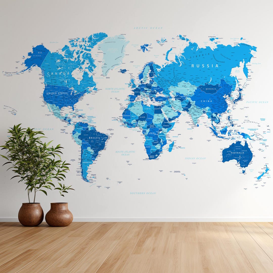 Detailed World Map Printable Blue Map Political World Map Poster ...