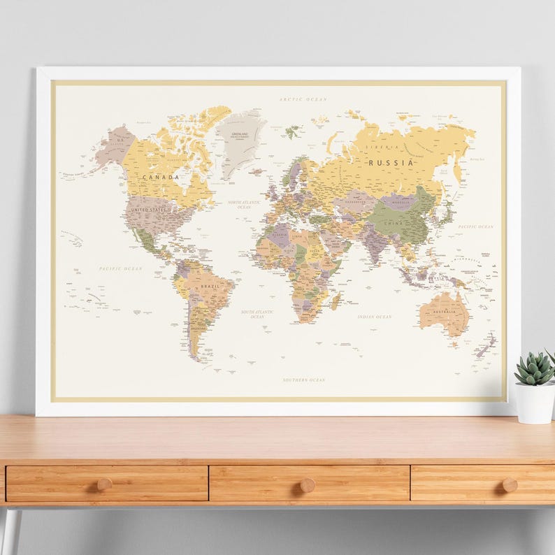 Printable World Map Digital Download - Large Detailed Map, Boho Wall ...