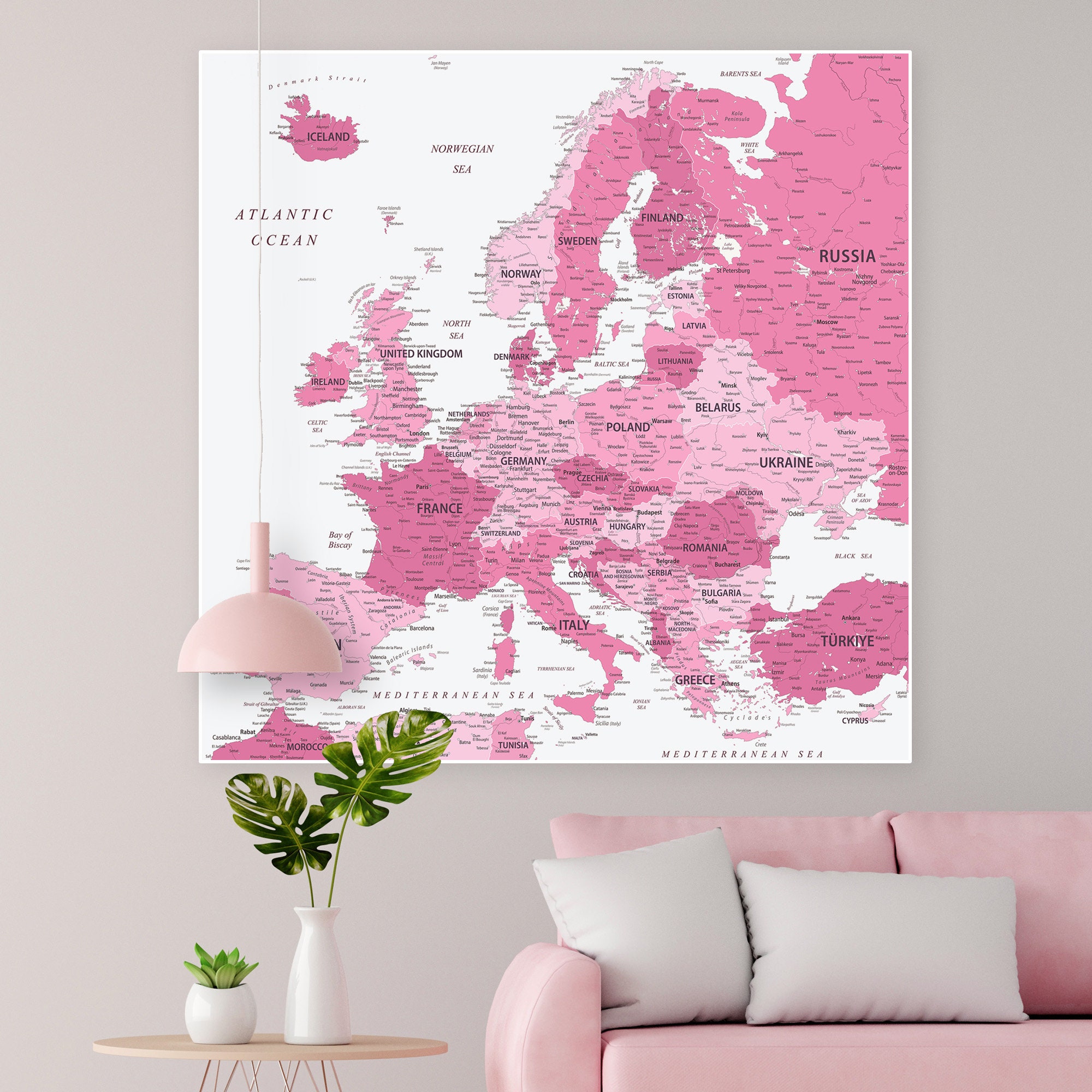 Detailed Map of Europe Digital Download. Printable Pink and White ...