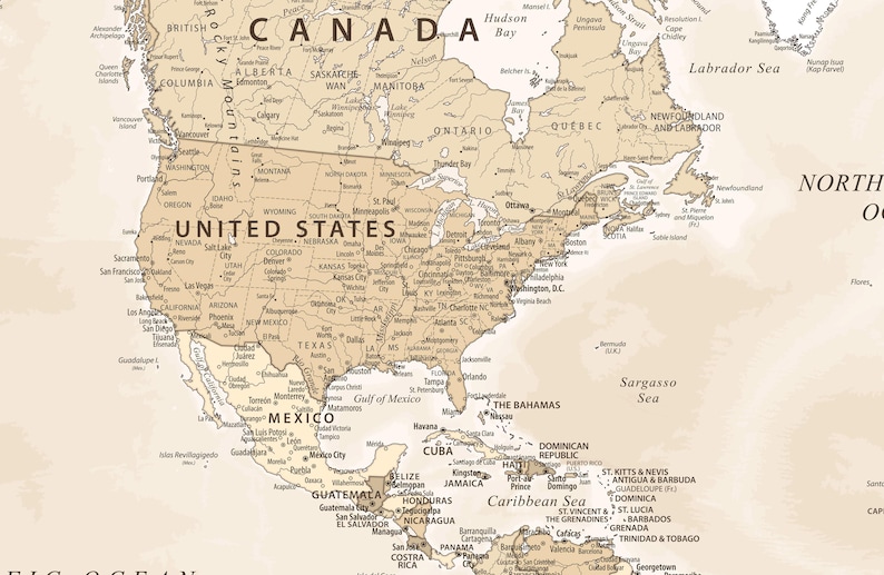 Neutral Beige World Map With USA Wall Art - Printable Posters Set of 2 ...