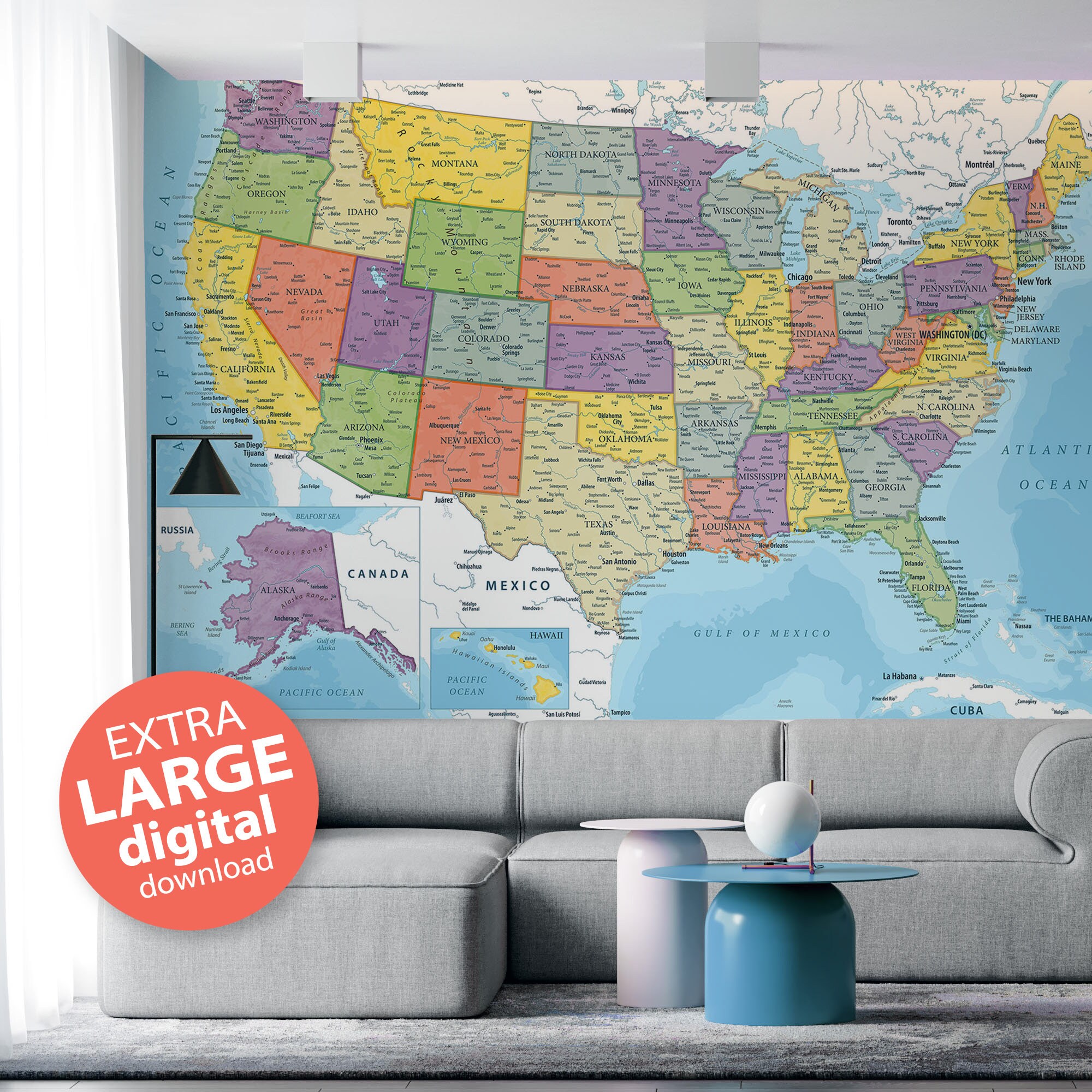 United States Map Digital Download Poster Detailed Map of America Home ...