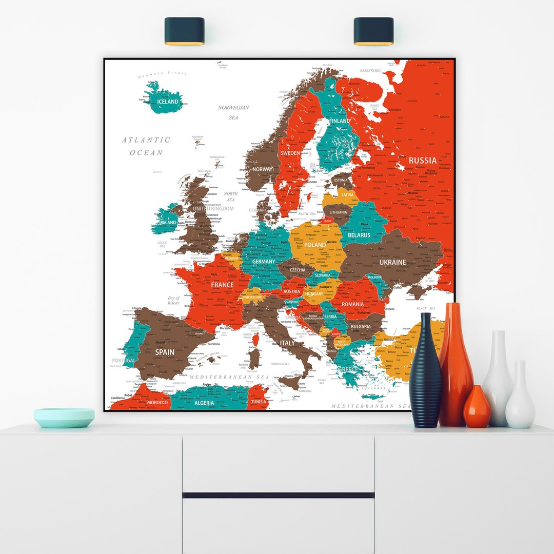 Europe Printable Map. Detailed Map of Europe. Styled High Resolution ...