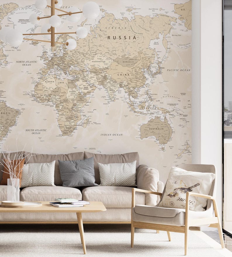 Map of the World With Countries - Printable Beige Map | Digital Neutral ...