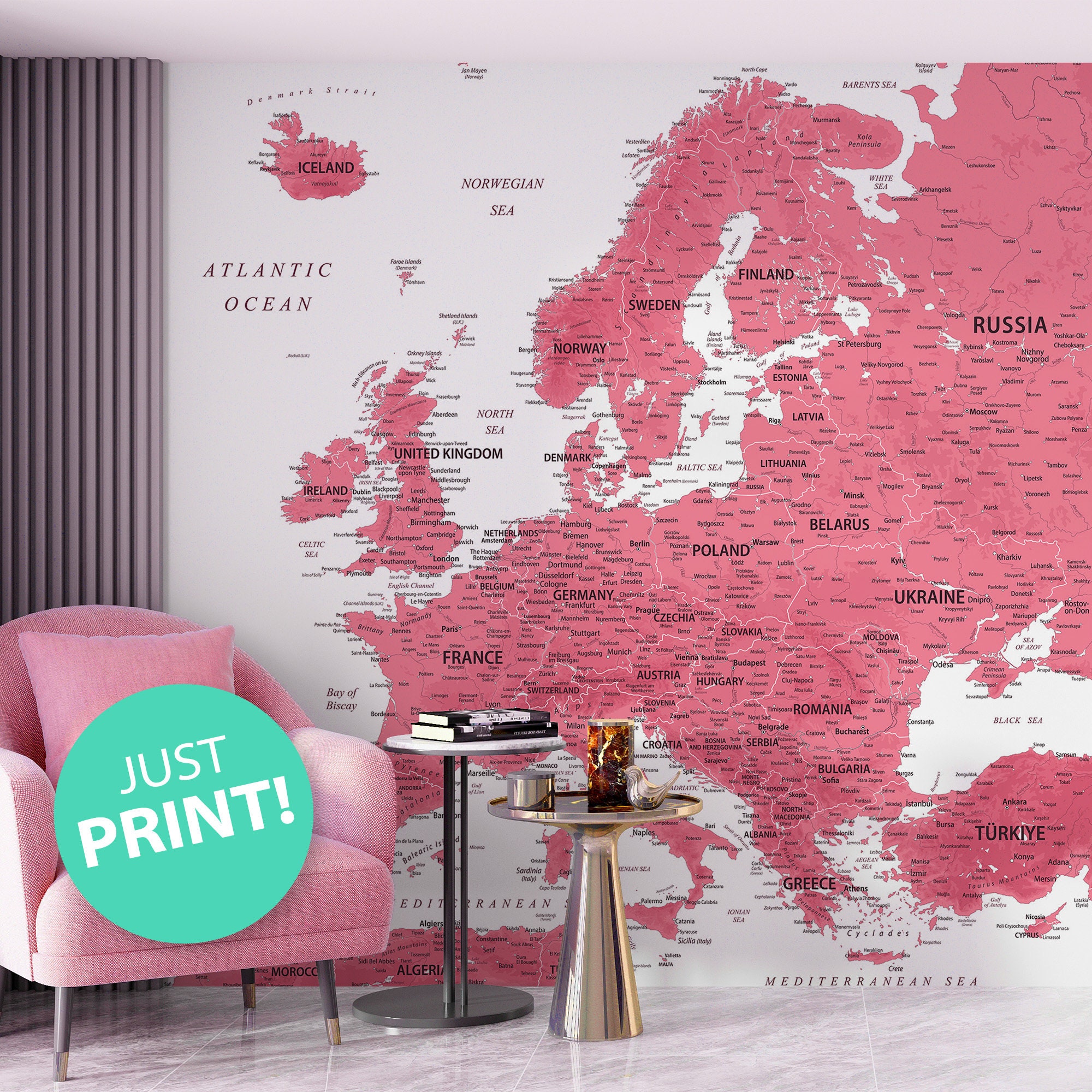 Europe Printable Pink Map Detailed Map of Europe Large Europe Wall Art ...