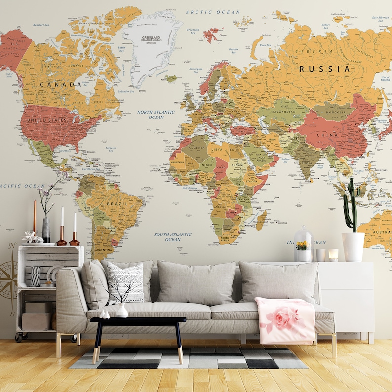 World Map Detailed Printable Poster - Warm Map Print Digital Download ...
