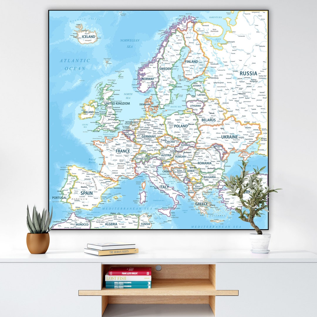 Digital Detailed Map of Eastern & Western Europe White Blue European ...