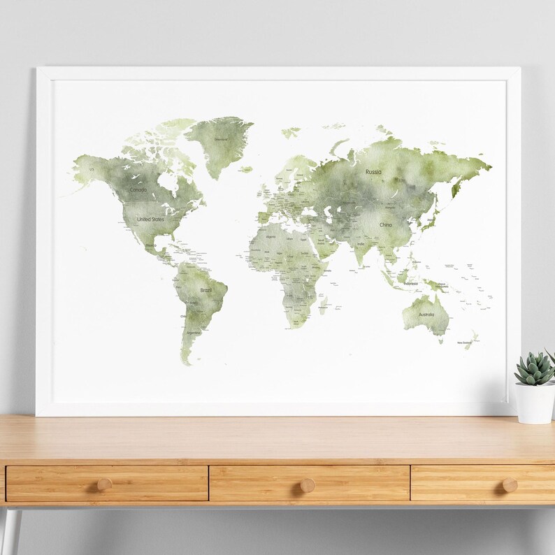 Mapa grande imprimible en acuarela con países, mapa mundial digital en ...