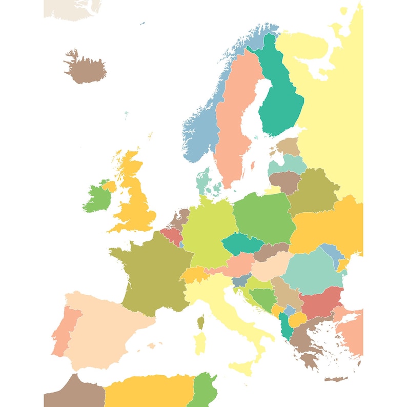 Europe Map Print - Classic Colors No Text - Hand Illustrated Map ...