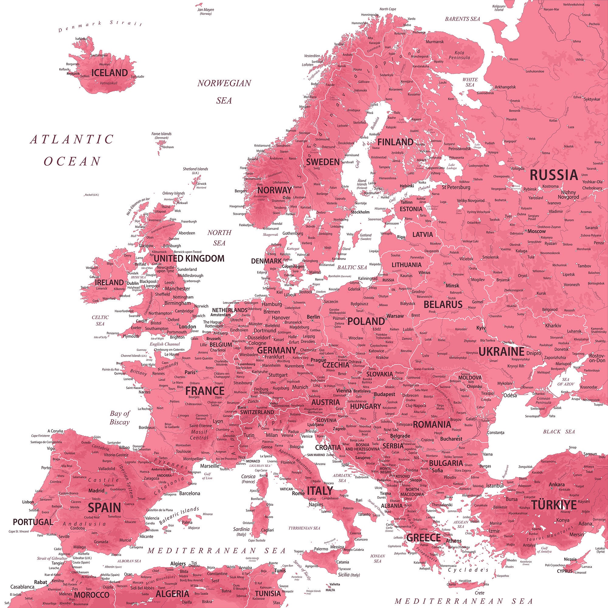 Europe Printable Pink Map Detailed Map of Europe Large Europe Wall Art ...