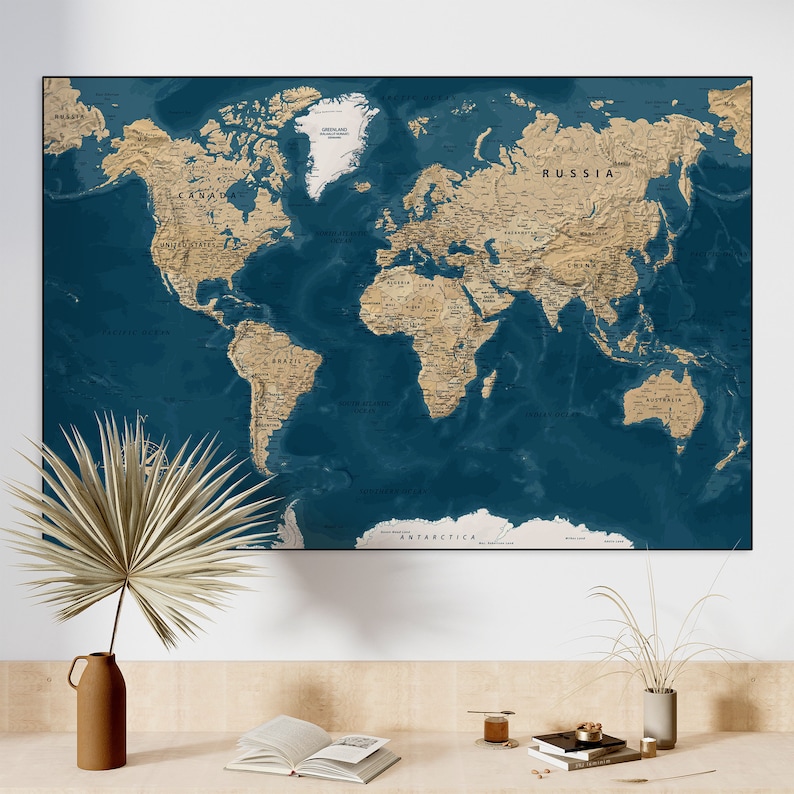 Highly Detailed Printable World Map Poster in Blue, Gold Colors ...