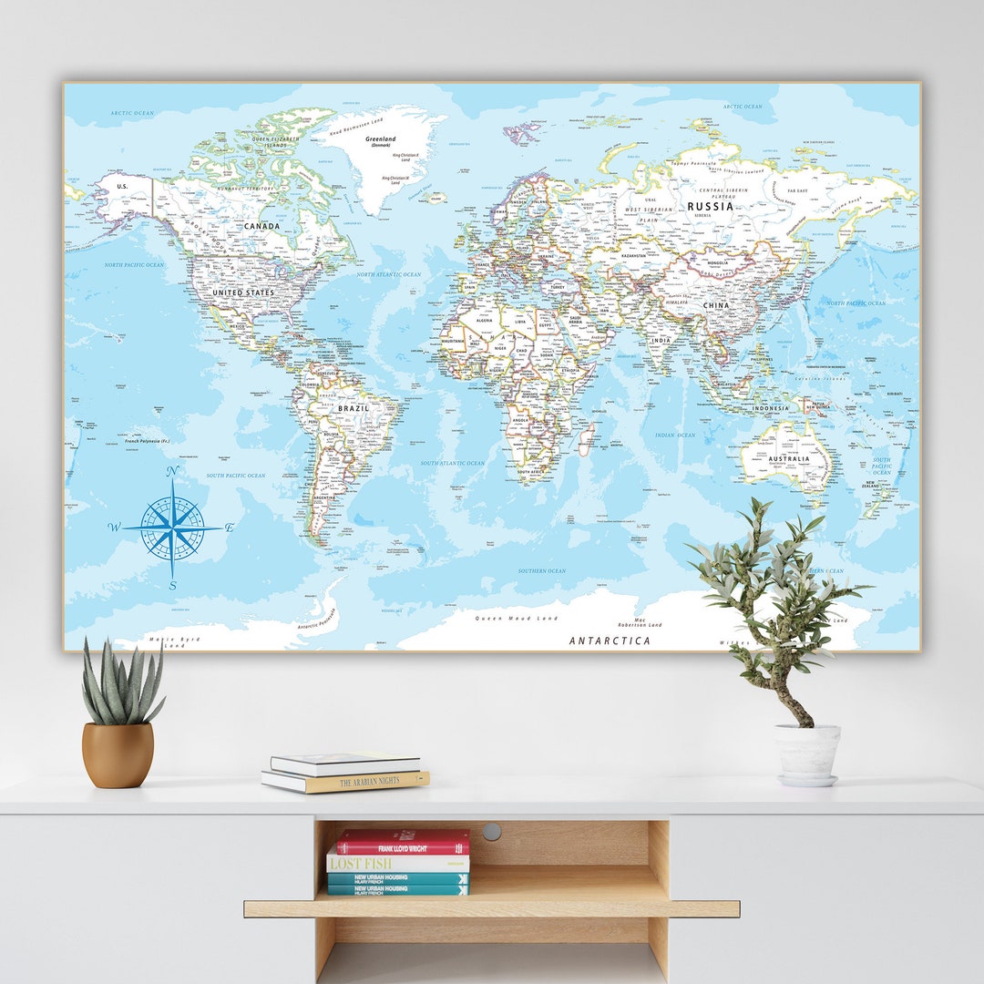 Detailed Educational World Map Print Blue & White Political Large Map ...