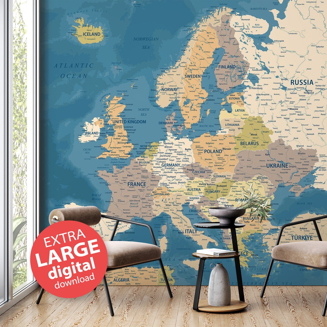 Europe Printable Navy Blue Beige Map Detailed Map of Europe Large ...