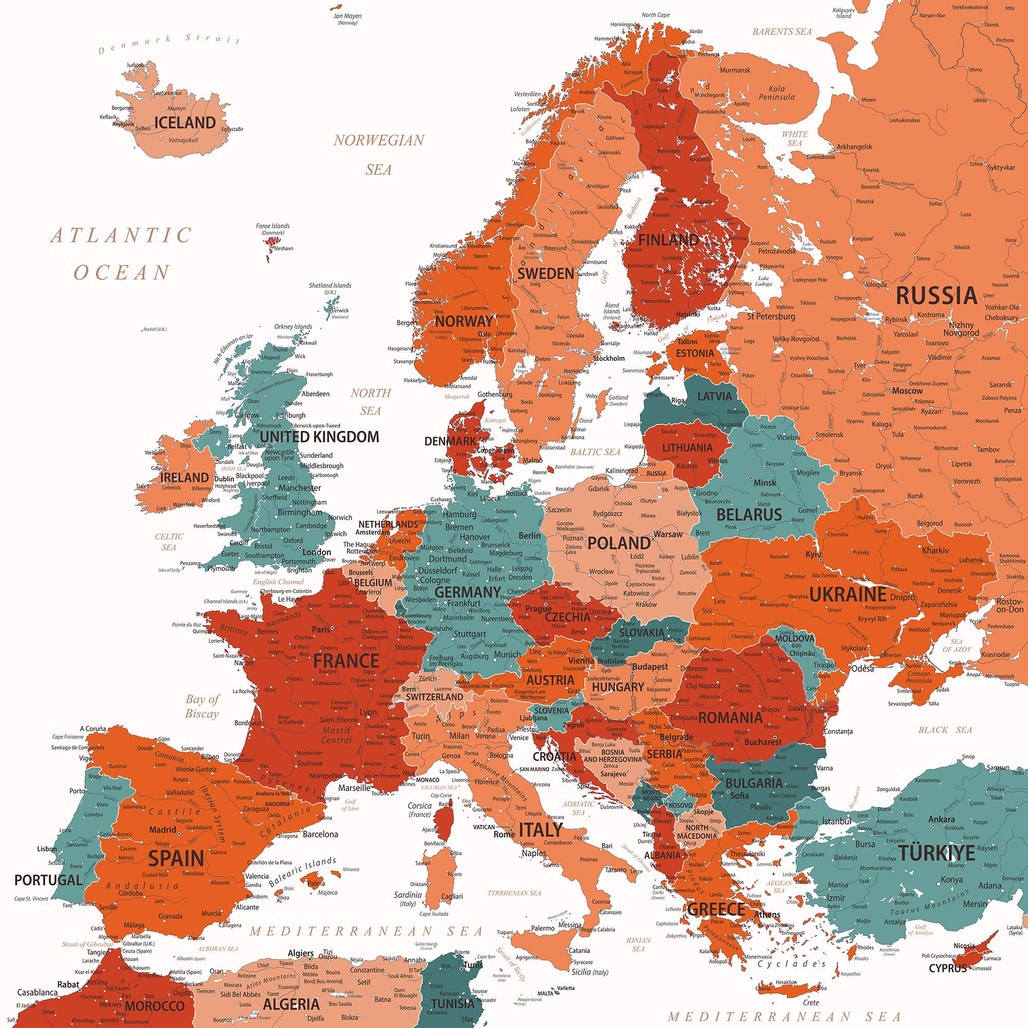 Digital Detailed Europe Map Printable Download Terracotta, Orange ...