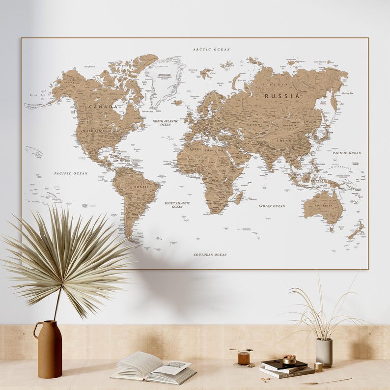 Map of the World With Countries Printable Beige Brown World Map Digital ...