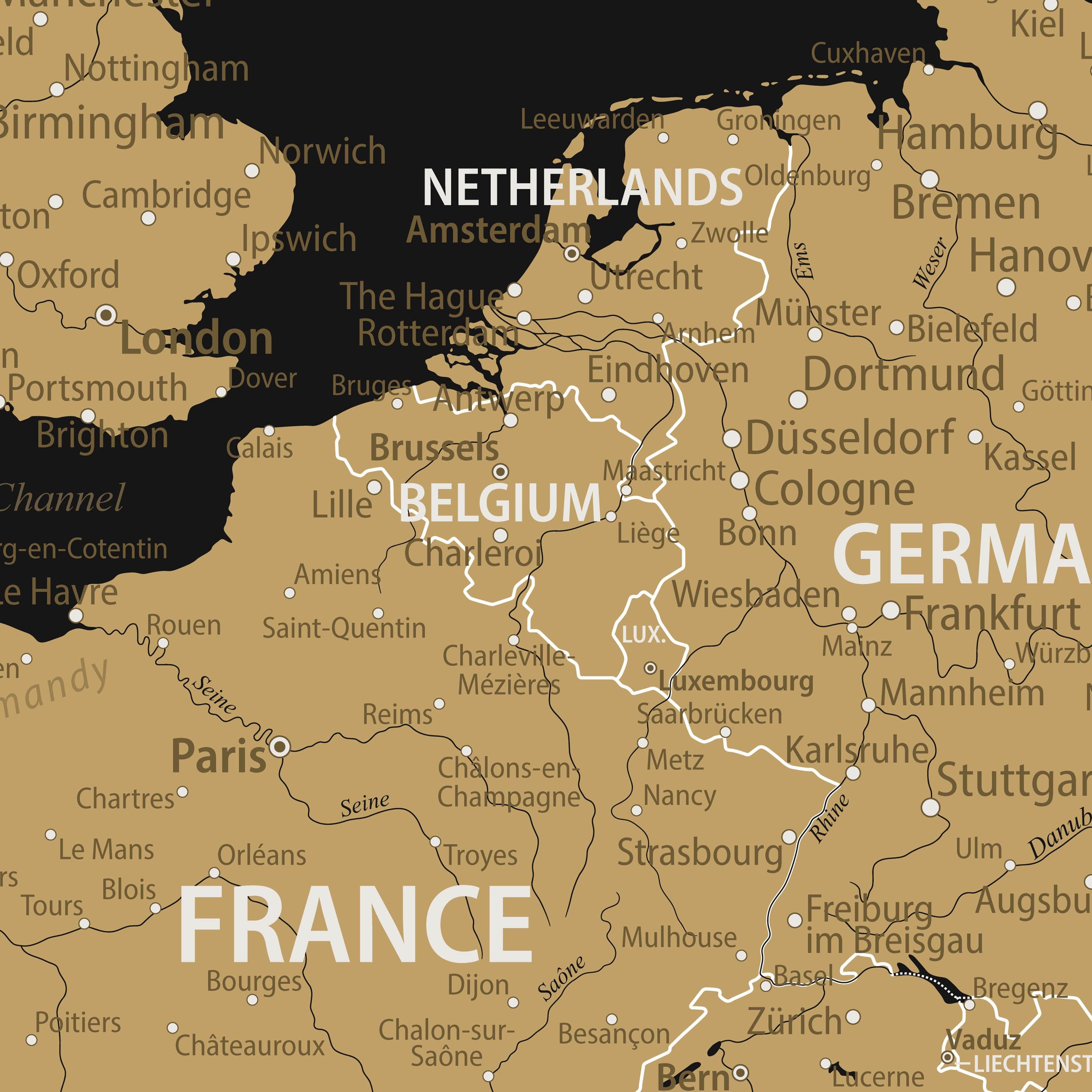 Highly Detailed Map of Europe - Instant Download Black and Gold Europe ...