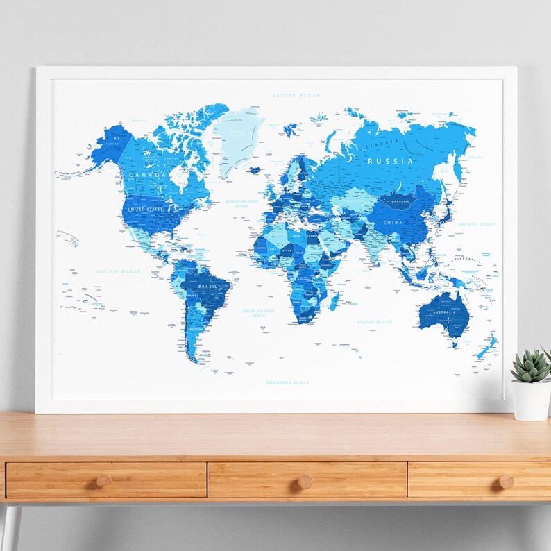 Blue Political World Map Poster – Detailed Printable Wall Art (digital ...