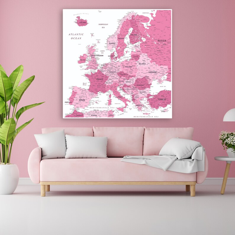 Printable Pink Europe Map Detailed Map of Europe Digital Download Pink ...