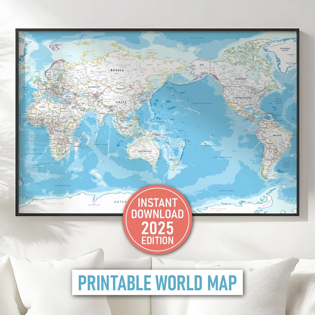 Detailed Pacific-centered Map - Printable Digital Art - Vintage Home ...