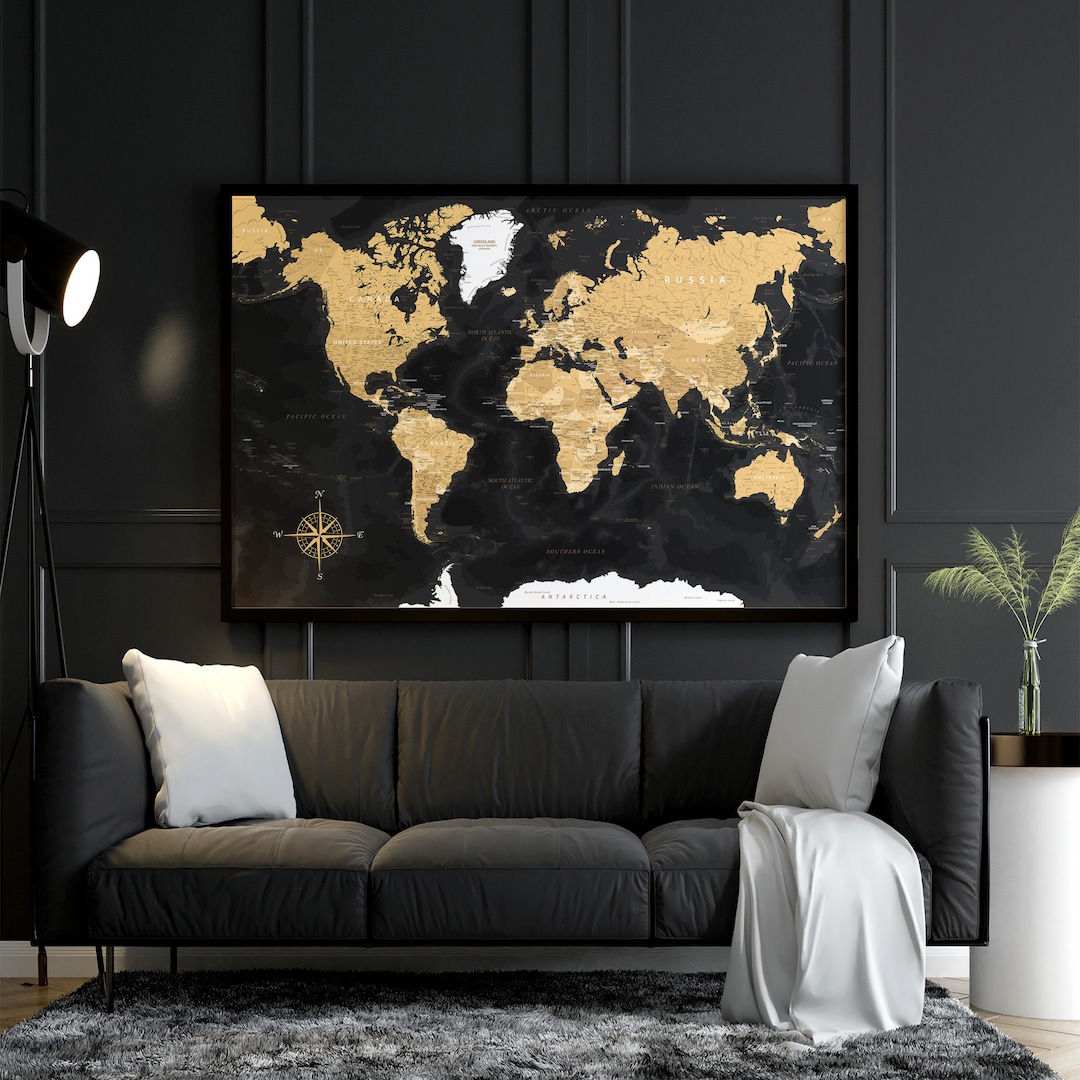Black & Gold World Map Wall Art | Large Black World Map Digital Poster ...