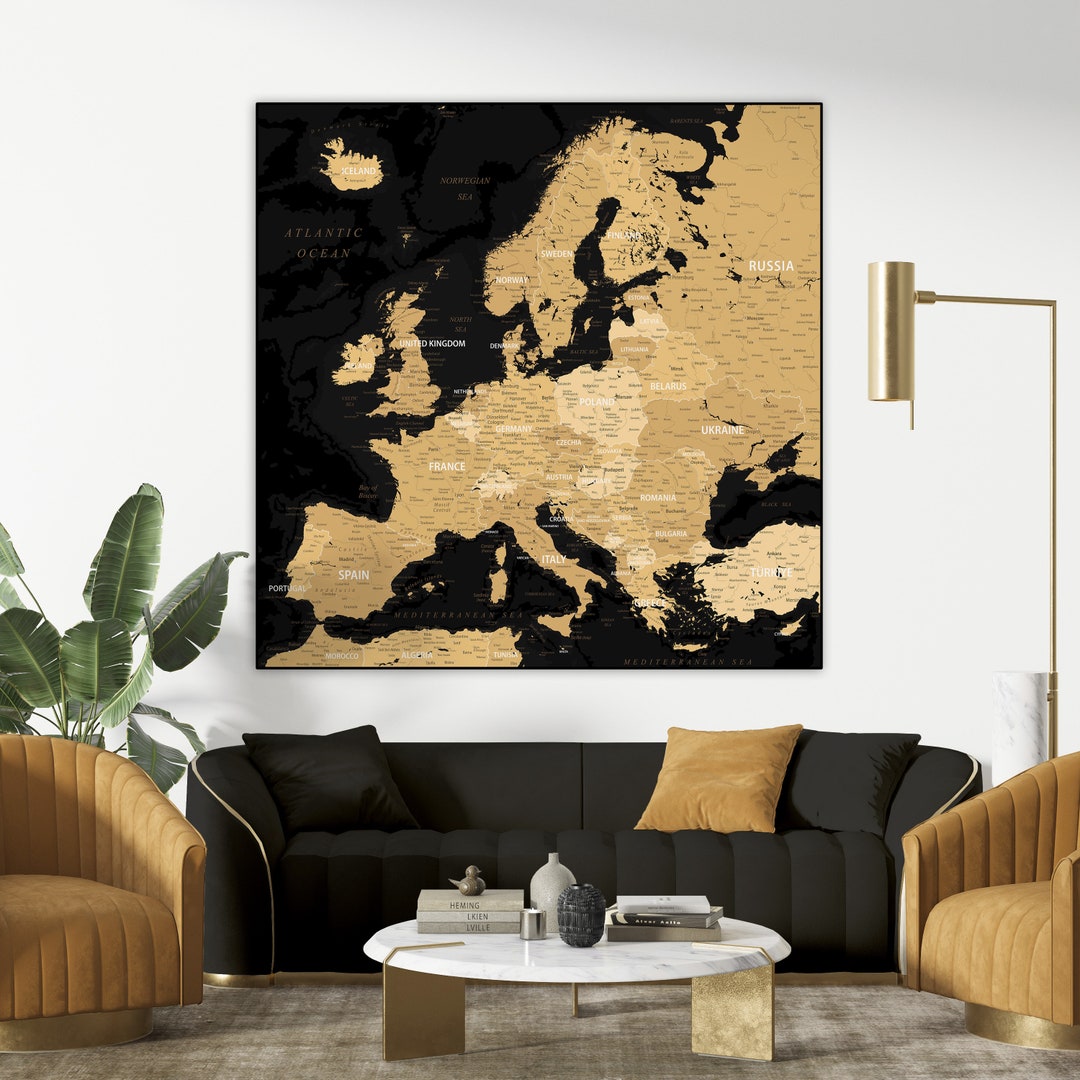 Digital Political Map of Europe - Printable Black & Gold Europe Map ...
