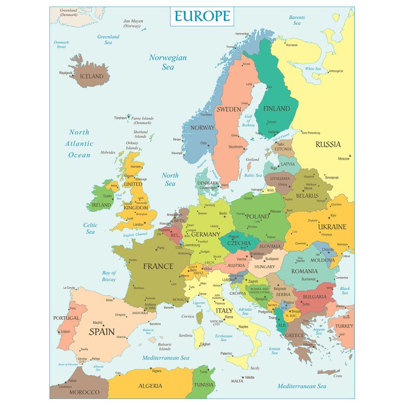 Europe Political Map With Blank Europe - 2 Printable Education Posters ...