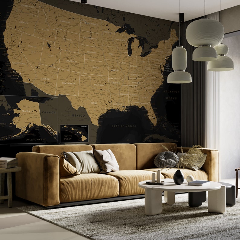 Detailed United States Map Digital Download Black Gold Poster - Map of ...