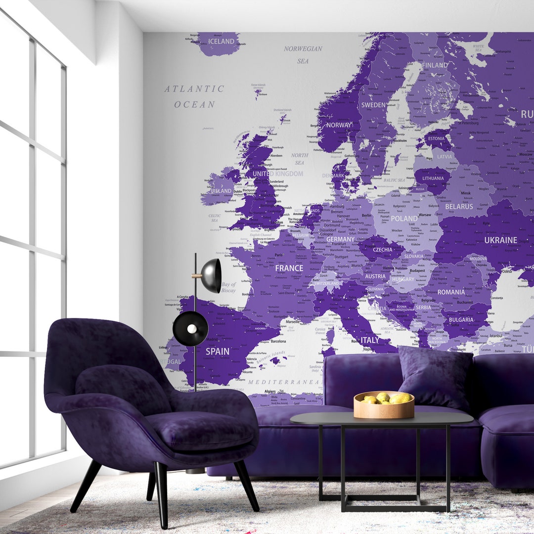 Europe Purple Printable Map Detailed Map of Europe Girl Room Poster ...