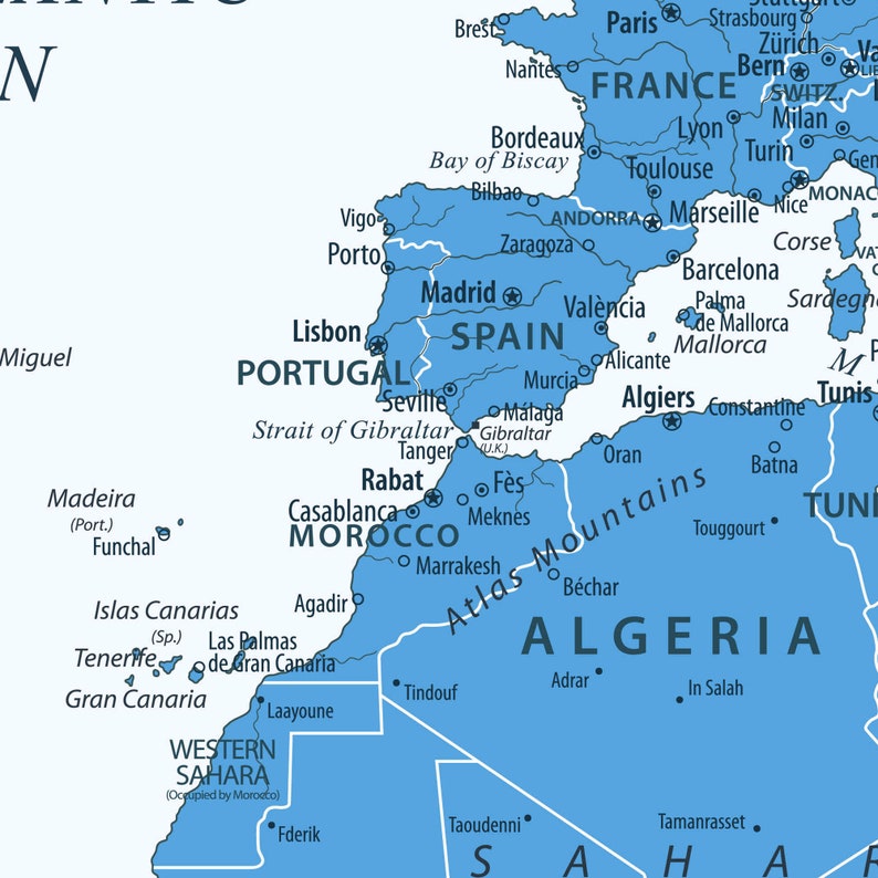 Blue White World Map Digital Printable Map of the World Travel Poster ...