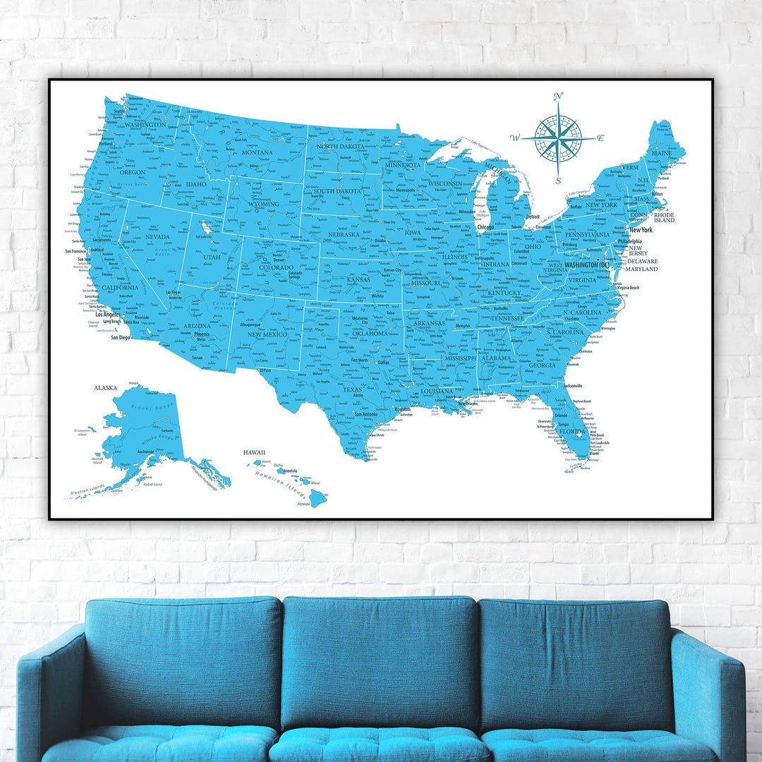 Blue United States Map Printable: Detailed USA Wall Art (digital ...