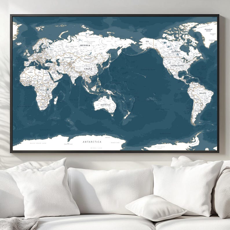 Pacific Centered Map – Printable Blue & White World Map Digital ...