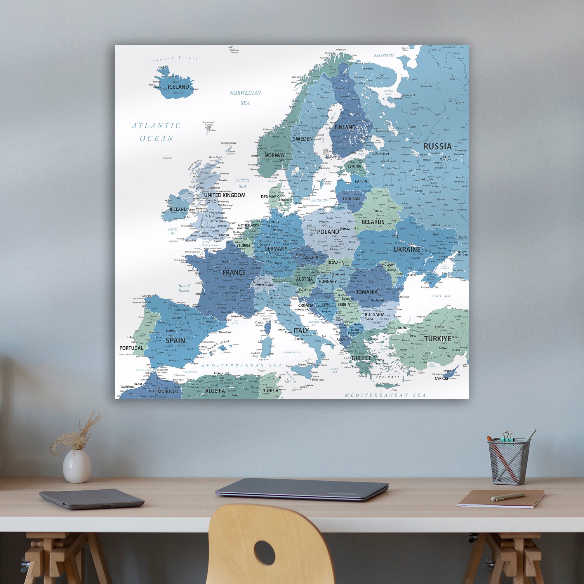 Detailed Map of Europe Digital Download. Blue and Green High Resolution ...