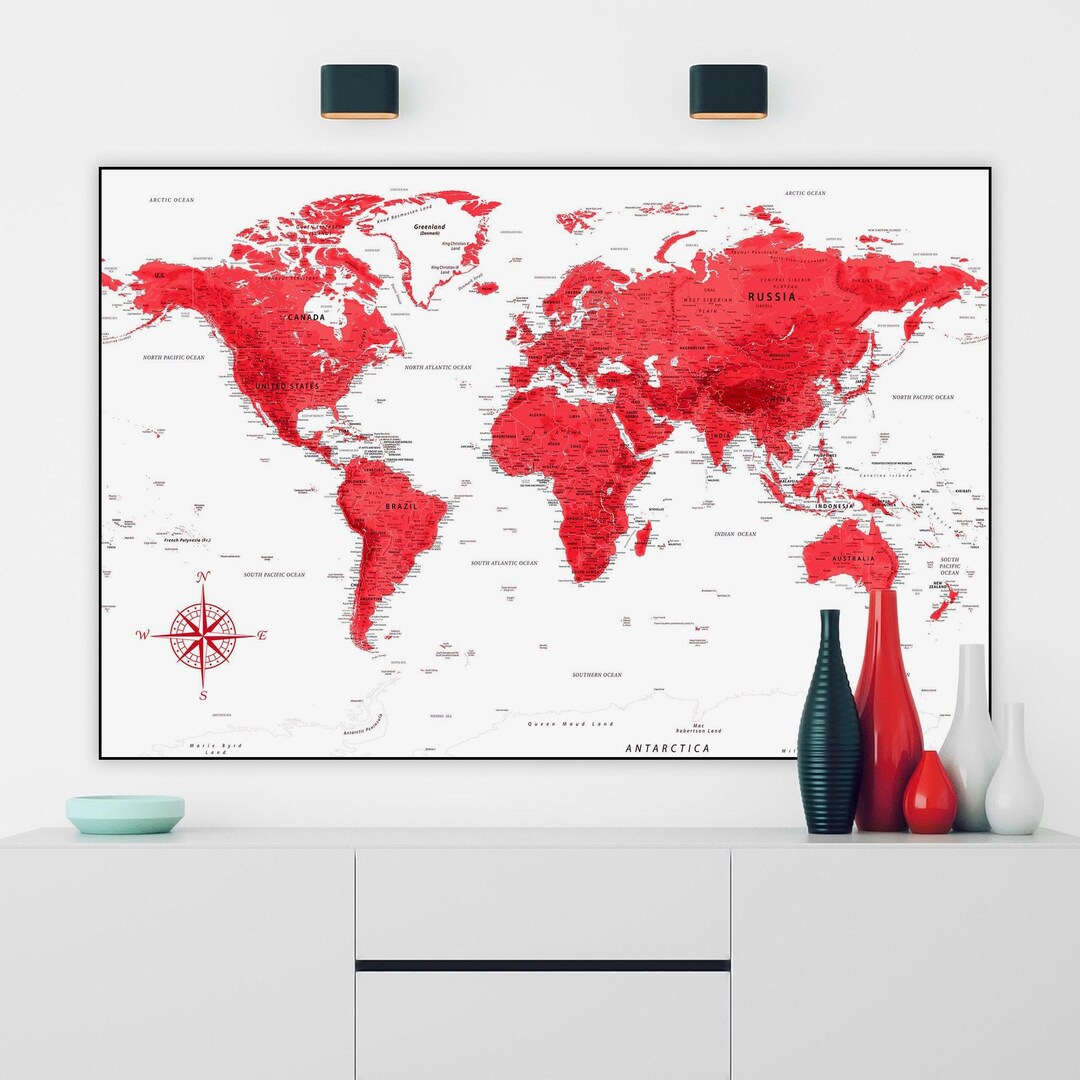 Printable Red World Map Dark Cherry Red Map Poster, Red Wine Modern ...