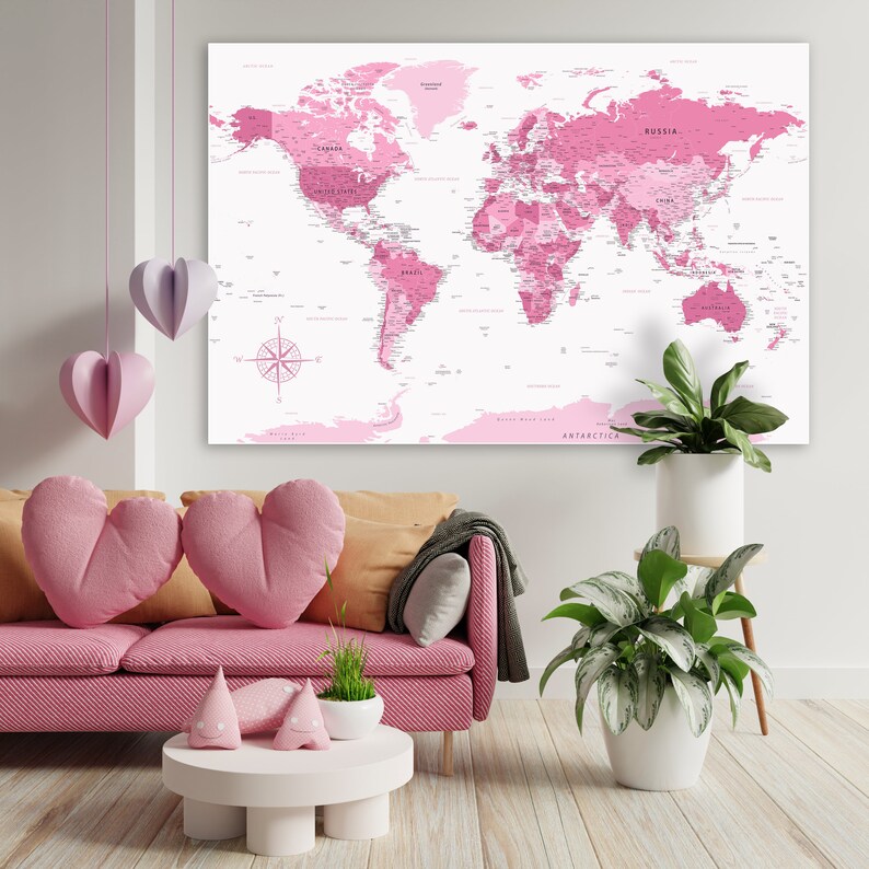 Pink World Map Digital Download Pink Wall Art Girls Gifts Kids Room Map ...