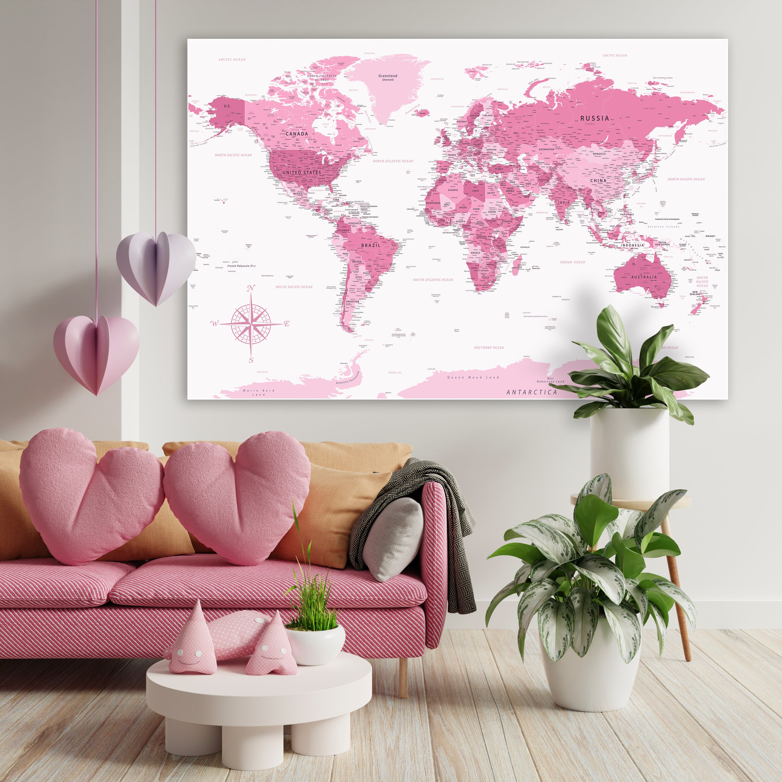 Pink World Map Digital Download Pink Wall Art Kids Room Map Printable ...