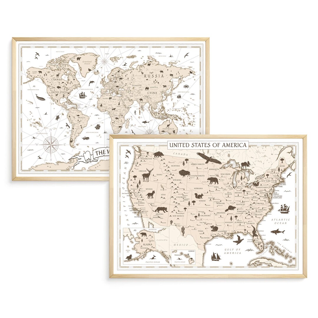 World & US Map Set – Retro Beige, Kids Room Decor (digital Download ...