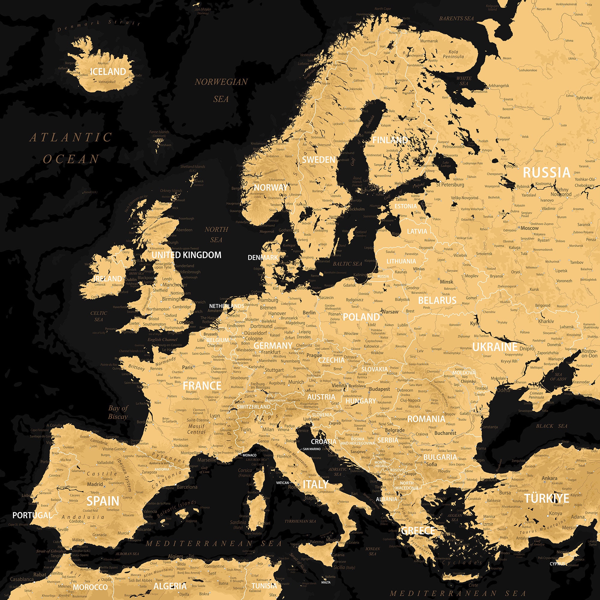 Europe Printable Map. Detailed Map of Europe. Styled High Resolution ...