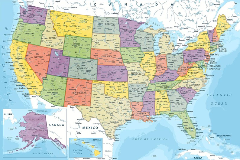 Political World Map With US Printable Posters Set - High-detail Maps ...