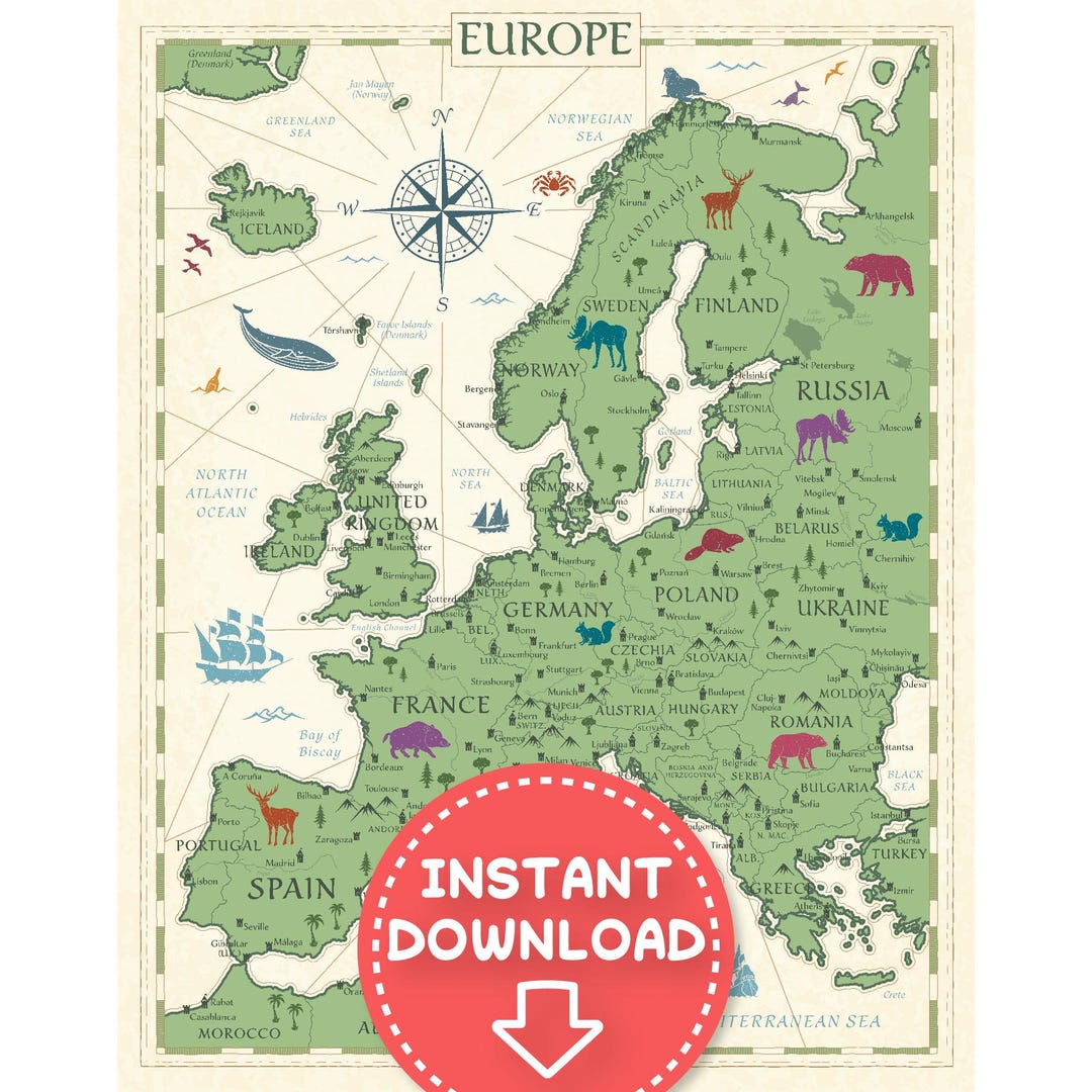 Printable EUROPE MAP for Kids, Digital Green Map of Europe, European ...