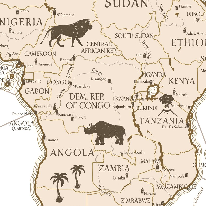 World Map With US Set – Retro Beige Posters, Kids and Classroom Wall ...