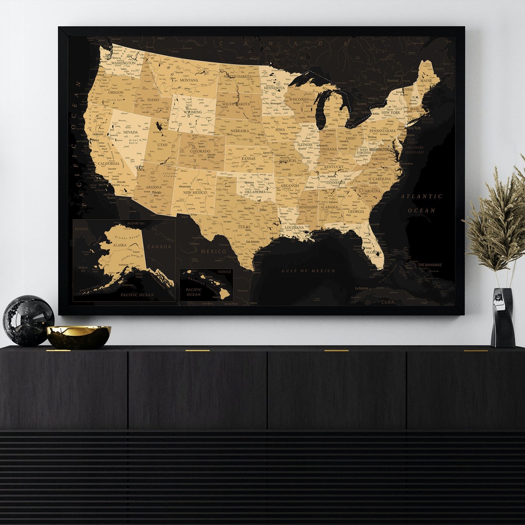 USA Map Poster Printable Dark, Vintage US Map, United States of America ...