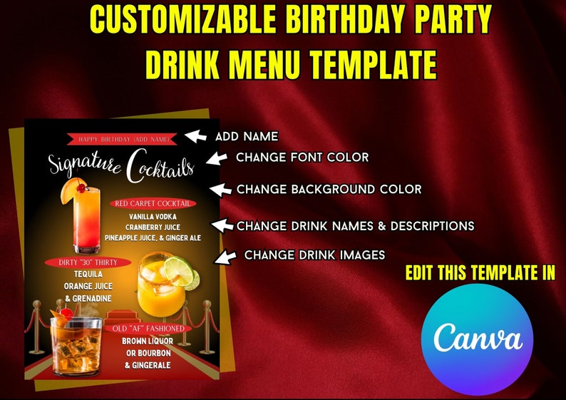 RED CARPET Themed Birthday Party Menu - Wedding Bar Menu - Editable ...