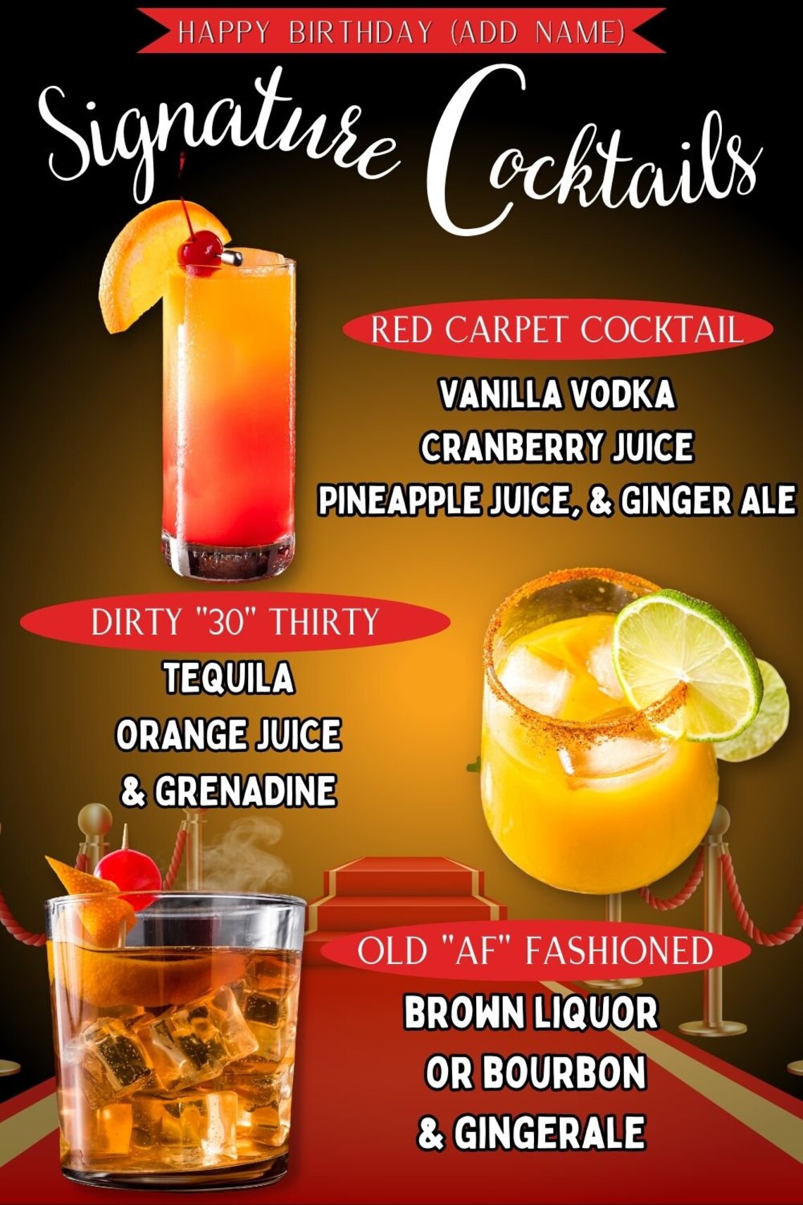 RED CARPET Themed Birthday Party Menu - Wedding Bar Menu - Editable ...